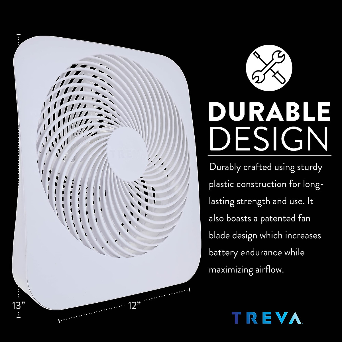 Treva 10-Inch Portable Fan, Powered by Battery and/or AC Adapter - Desk Fan Air Circulating with 2 Cooling Speeds for Personal and Travel Use (White)