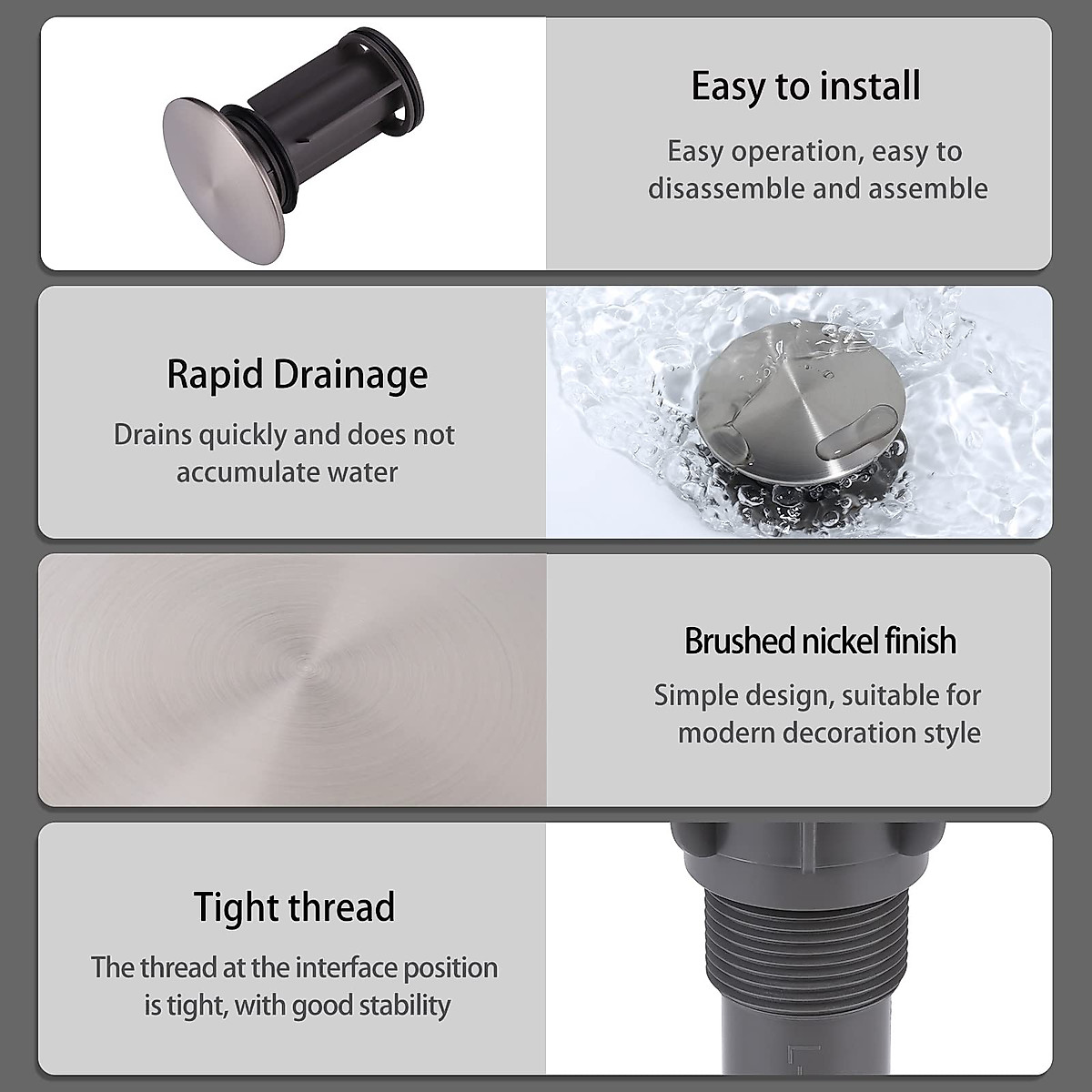 Bathroom Sink Stopper, Pop Up Drain Stopper for Bathroom Sink with Overflow, Built-in Anti-Clogging Strainer, Brushed Nickel