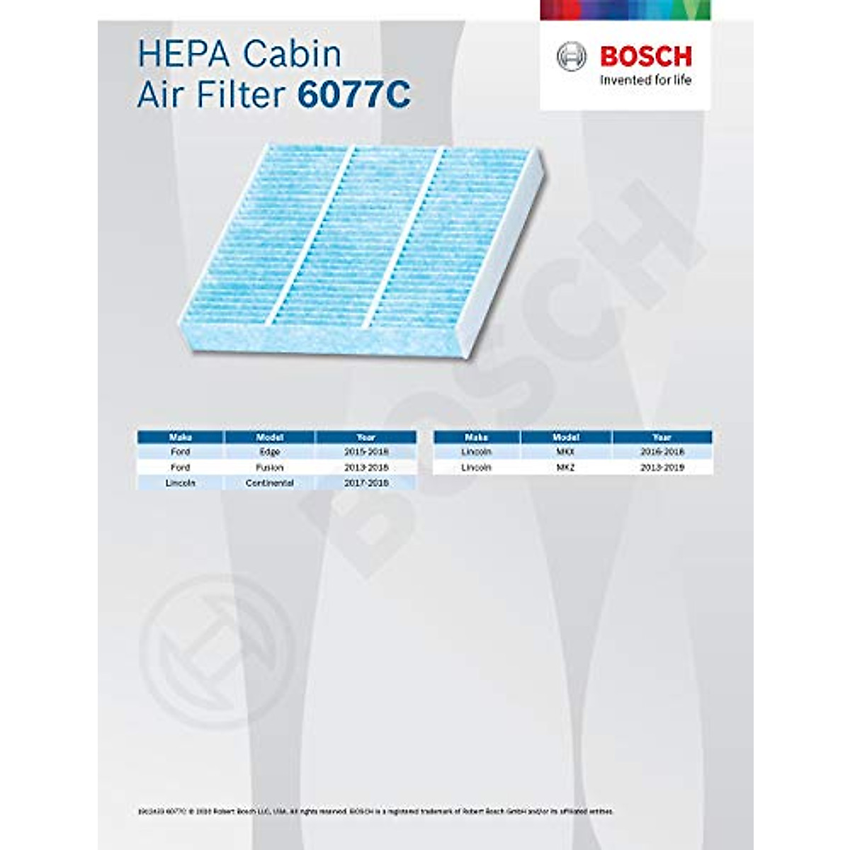 BOSCH 6077C HEPA Cabin Air Filter - Compatible With Select Ford Edge, Fusion, Police Responder Hybrid, SSV Plug-In Hybrid, Lincoln Continental, MKX, MKZ