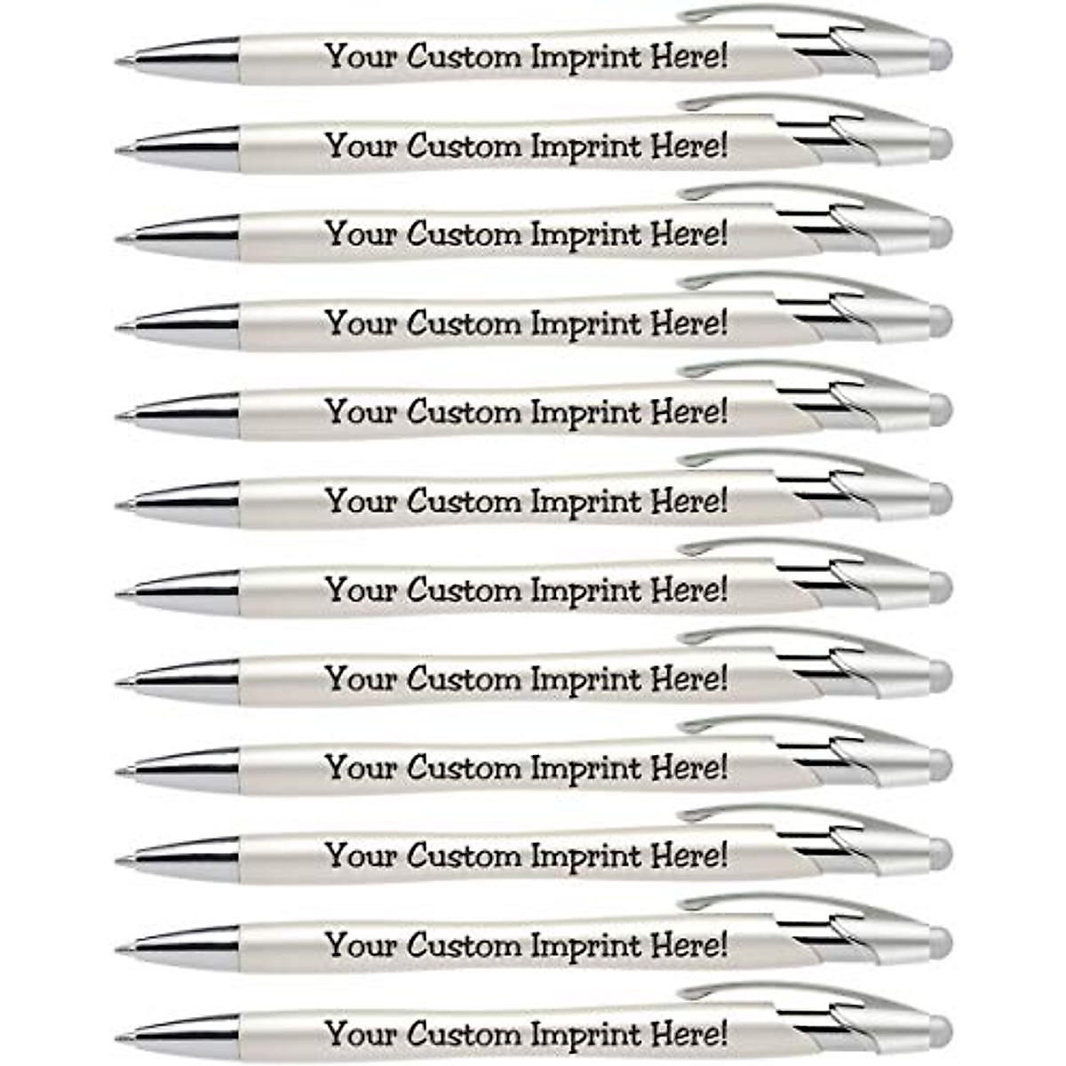 Express Pencils Custom Pens with Stylus - The Pearl - Personalized Metallic Printed Name Pens with Black Ink - Imprinted with Logo or Message - Great Gift Ideas - FREE PERSONALIZATION 12 pack (Silver)
