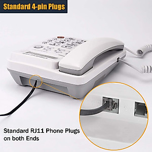 15FT Telephone Extension Cord Cable, Landline Phone Line Wire with RJ11 6P4C Plugs, Includes Cable Clips - Black - 2 Pack