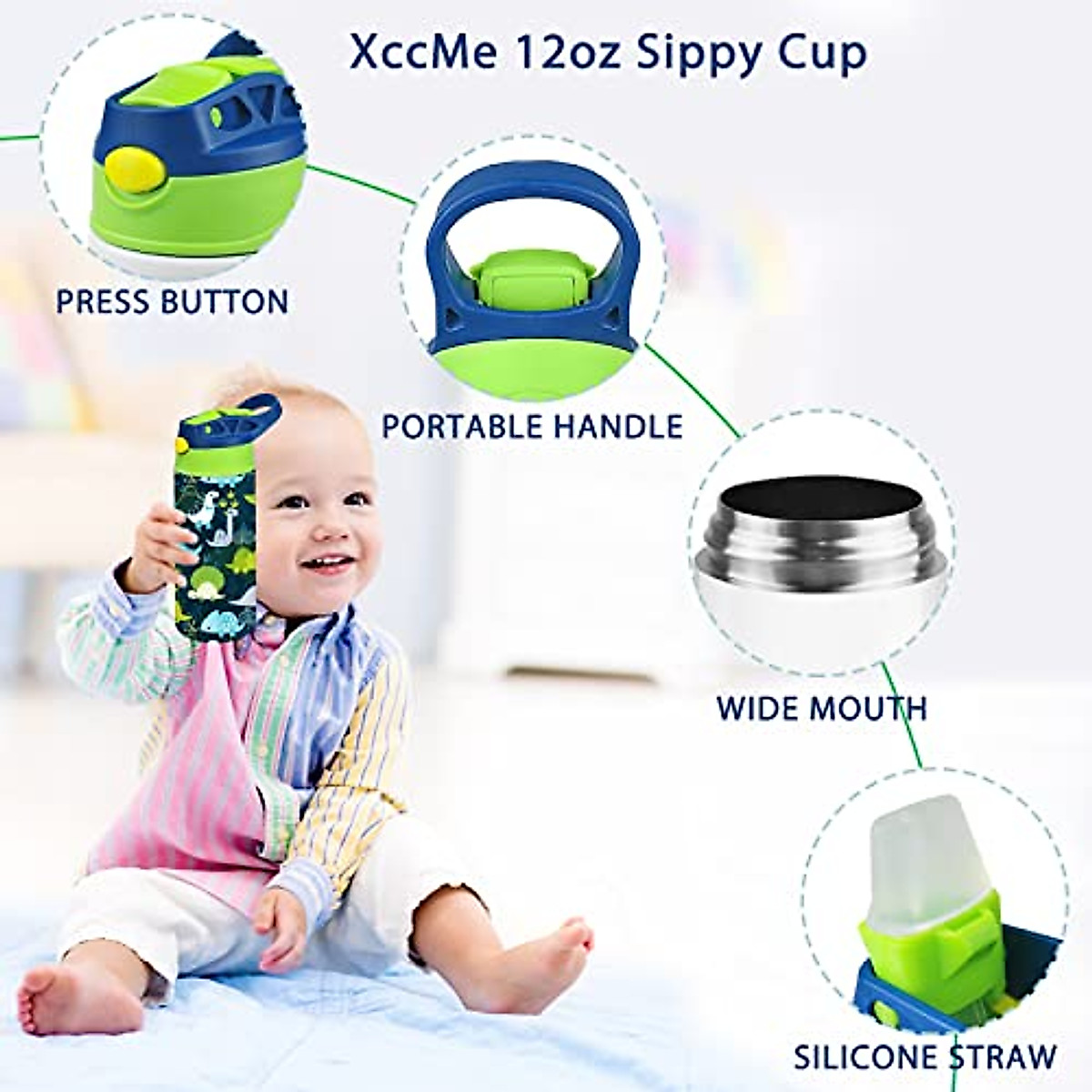 XccMe Kids Sublimation Tumbler,12oz Sublimation Water Bottle Blanks,Straight Stainless Steel Todder Sippy Cup,Double Wall Insulated Sippy Tumbler with Handle,Shrink Films,Leak Proof (Blue)