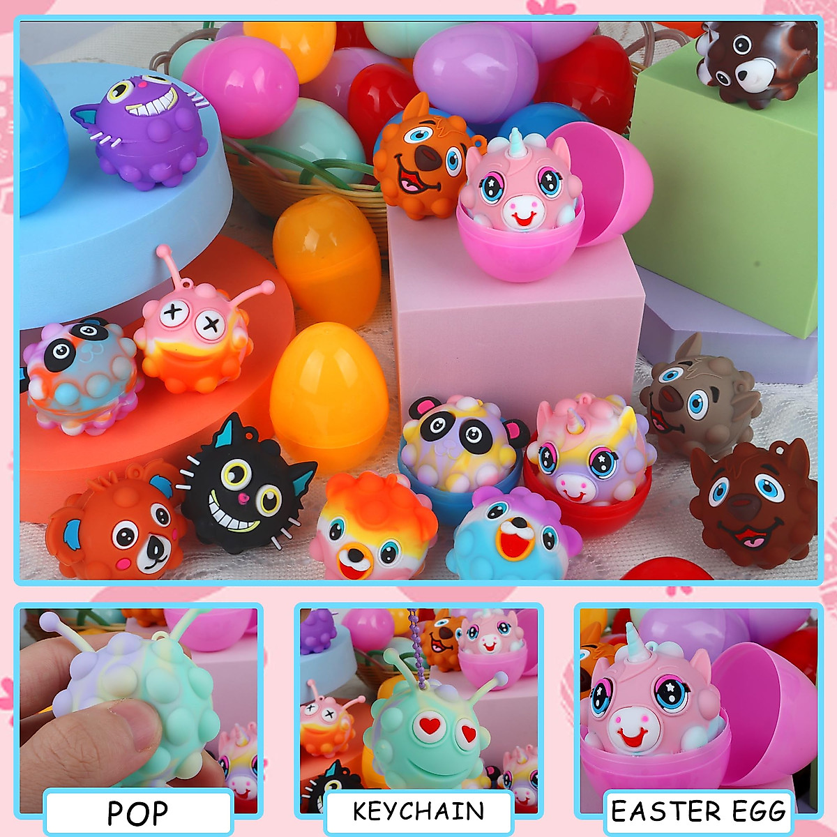 24 PCS Prefilled Easter Eggs with Toys Inside, Jumbo Easter Eggs Filled Pop Balls Perfect for Easter Egg Hunt Easter Baskets Stuffers for Kids Easter Gifts Easter Party Favors