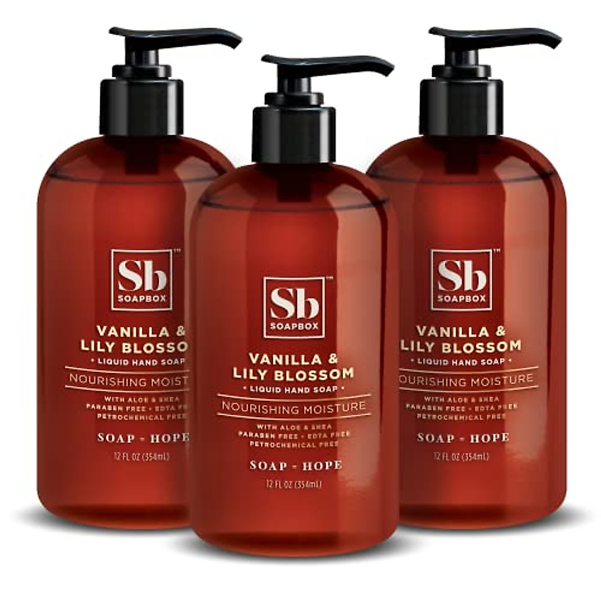 Soapbox Liquid Hand Soap, Vanilla & Lily Blossom - Gentle, Moisturizing Hand Cleanser, Vegan, Cruelty Free Hand Soap for Bathroom and Kitchen, 12oz Pump Bottles (Pack of 3)