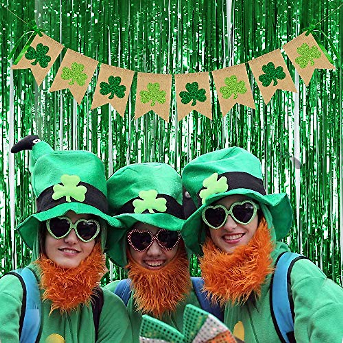 CAVLA Glittery Shamrock Burlap Banner St. Patrick's Day Green Shamrock Clover Banner Garland with Bows Saint Patrick's Day Party Decorations for Irish Lucky Day St. Patty’s Day Home Outdoor Decor