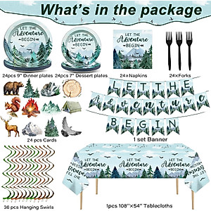146 PCS Adventure Awaits Party Supplies Let The Adventure Begin Plates Napkins Adventure Table Cover Disposable Paper Plates Napkins Tablecloth Hanging Swirls Banner for Baby Shower Birthday Party