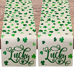 2 Pieces St. Patrick's Day Table Runner Spring Green Shamrock Table Runners Irish Burlap Lucky Table Runners for Kitchen Dining Coffee or Indoor and Outdoor Home Parties Decor