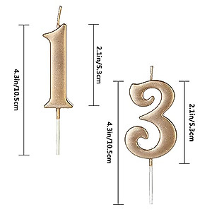 Champagne Gold 13th Birthday Candles for Cake, Number 13 1 3 Glitter Candle Party Anniversary Cakes Decoration for Kids Women or Men