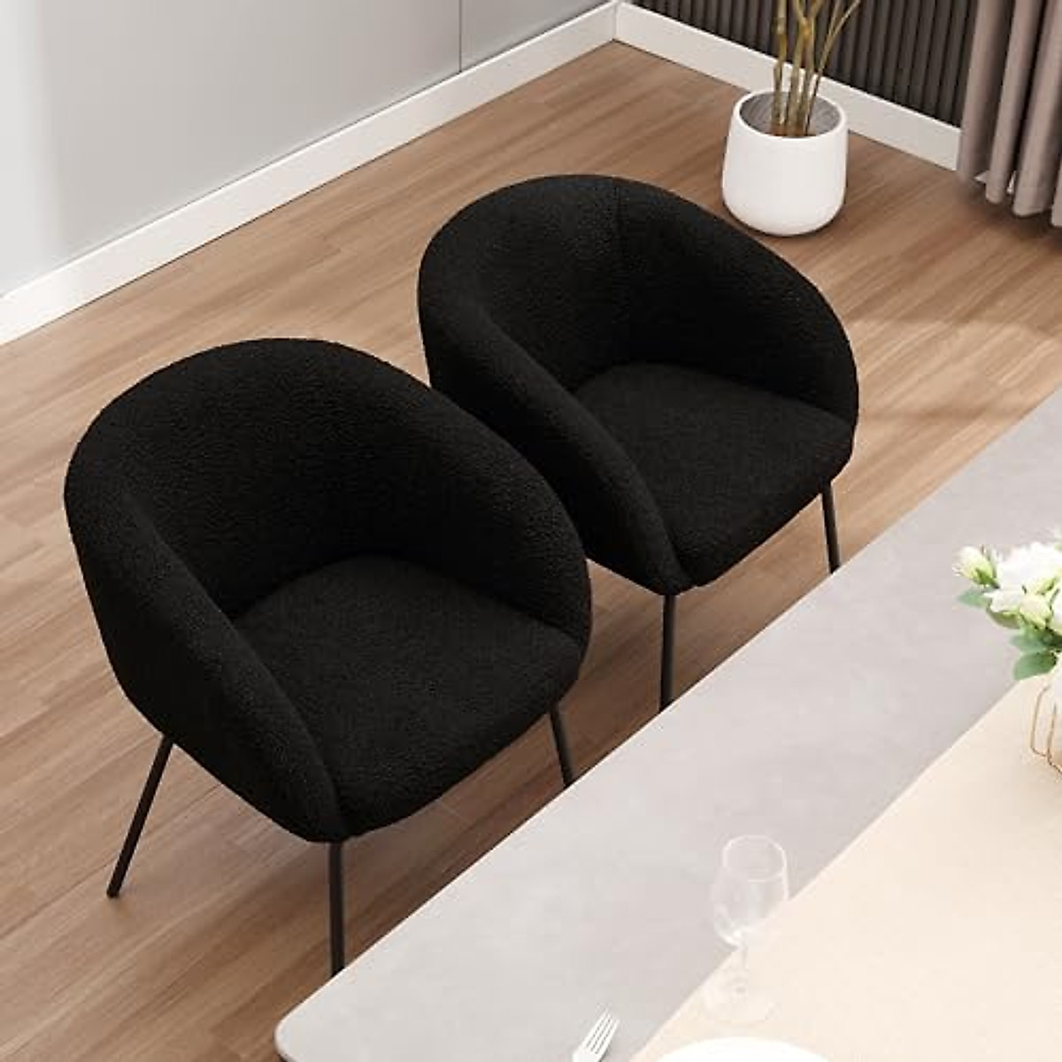 ONEVOG Upholstered Modern Sherpa Chairs for Makeup Vanity Desk, Black Boucle Dining Chairs wtih Arms, Curved Back, Metal Legs, Cozy Kichen & Dining & Living Room Cushioned Seats Set of 2