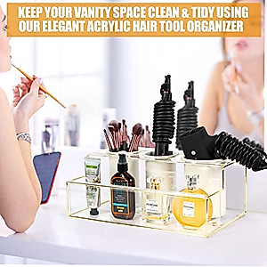 J JACKCUBE DESIGN Hair Dryer Holder Organizer Hair Tool Styling Storage Countertop Gold Clear Acrylic Bath Supplies Blow Dryer Flat Iron Tray Stand, Bathroom Vanity Caddy with 3 Cups- MK1026A