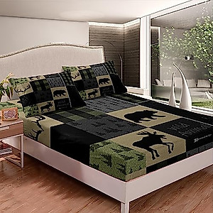 Queen Size Bear Print Bed Sheet Set Boys Girls Wild Animal Fitted Sheet for Kids Women Men Ultra Soft Rustic Cabin Country Bedding Set Green Black Grey Bed Cover Room Decor