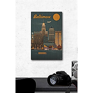 Baltimore, Maryland, Retro Skyline Birch Wood Wall Sign (12x18 Rustic Home Decor, Ready to Hang Art)