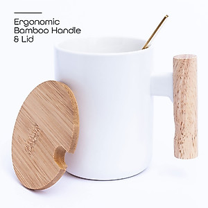 Tea Cup- Tea Cup with Lid- Coffee Mug With Lid- Ceramic Mugs with Ergonomic Wooden Handle & Lid- Matte-Finish Tea Mug- Tea Travel Mug with Spoon- Coffee or Tea Mugs by Samora (Black & White, Set of 2)