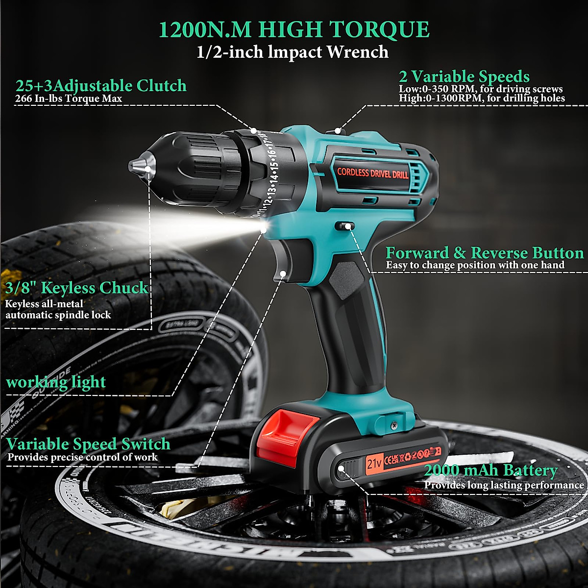 Olubfdh 21V Cordless Drill with Battery and Charger, Electric drill Set, Power Drill Cordless with 3/8 Inch Keyless Chuck, 25+ 3 Clutch, Work Light, Max torque 45Nm, 2-Variable Speed