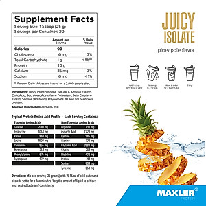 Maxler Juicy Isolate Protein Powder - Clear Whey Isolate - Low Lactose, Fat Free, Sugar Free Muscle Recovery Drink for Pre & Post Workout - 90% of Protein per Serving - Pineapple 1.1lb (20 Servings)