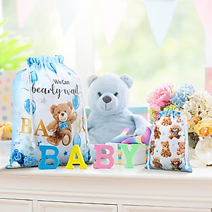 Chapou 4 Pcs Bear Baby Shower Drawstring Gift Bags Reusable Fabric Gift Bags We Can Bearly Wait Gift Bags 20 Inch Large 12 Inch Medium Gift Wrap Treat Bags for Baby Shower Birthday Gender Reveal Party