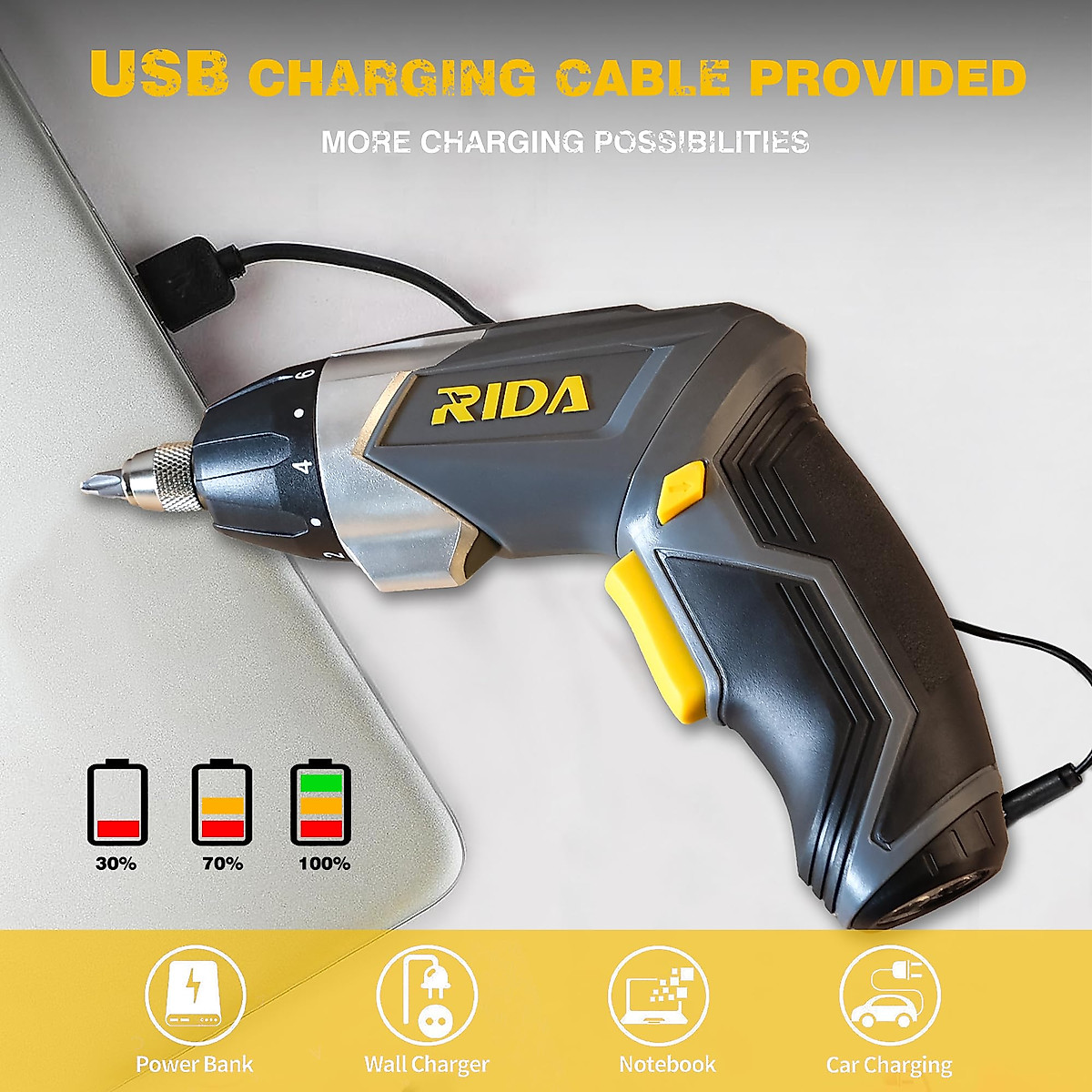 RIDA Cordless Screwdriver 4V Electric Screwdriver Rechargeable Screw Gun Kit w/10+1 Torque & 2 Position Handle, 3 LED work indicator & LED flashlight, 58pcs Accessories and Tool Box New Year presents