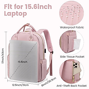 LOVEVOOK Laptop Backpack Women Teacher Backpack,15.6 Inch Laptop Bag with USB Port,Waterproof Daypack for Work Travel Pink