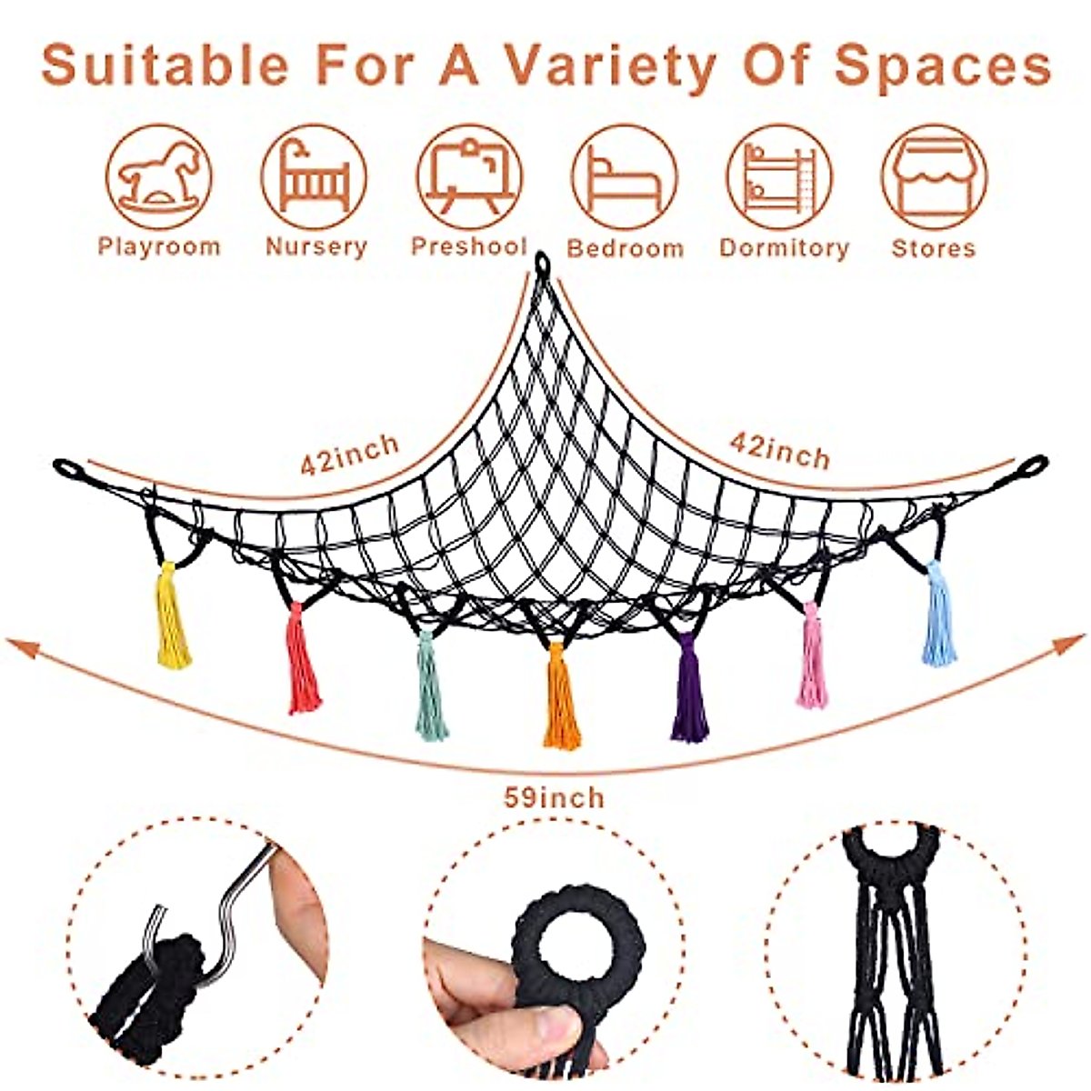 KanYool Stuffed Animal Net or Hammock, Boho Net Hammock for Stuffed Animals with Led Lights Wall Corner Storage Hanging Plush Toy Net with Tassels Teddy Bear Net Black