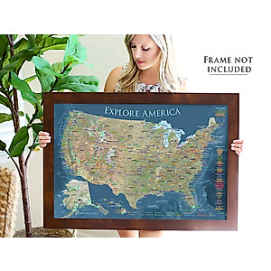 National Parks Poster Map with terrain and USA Interstates, All NPS Sites, Landmarks, Highest Peak by State Poster - 24x18 inch Map - Explore America - Voyager Edition