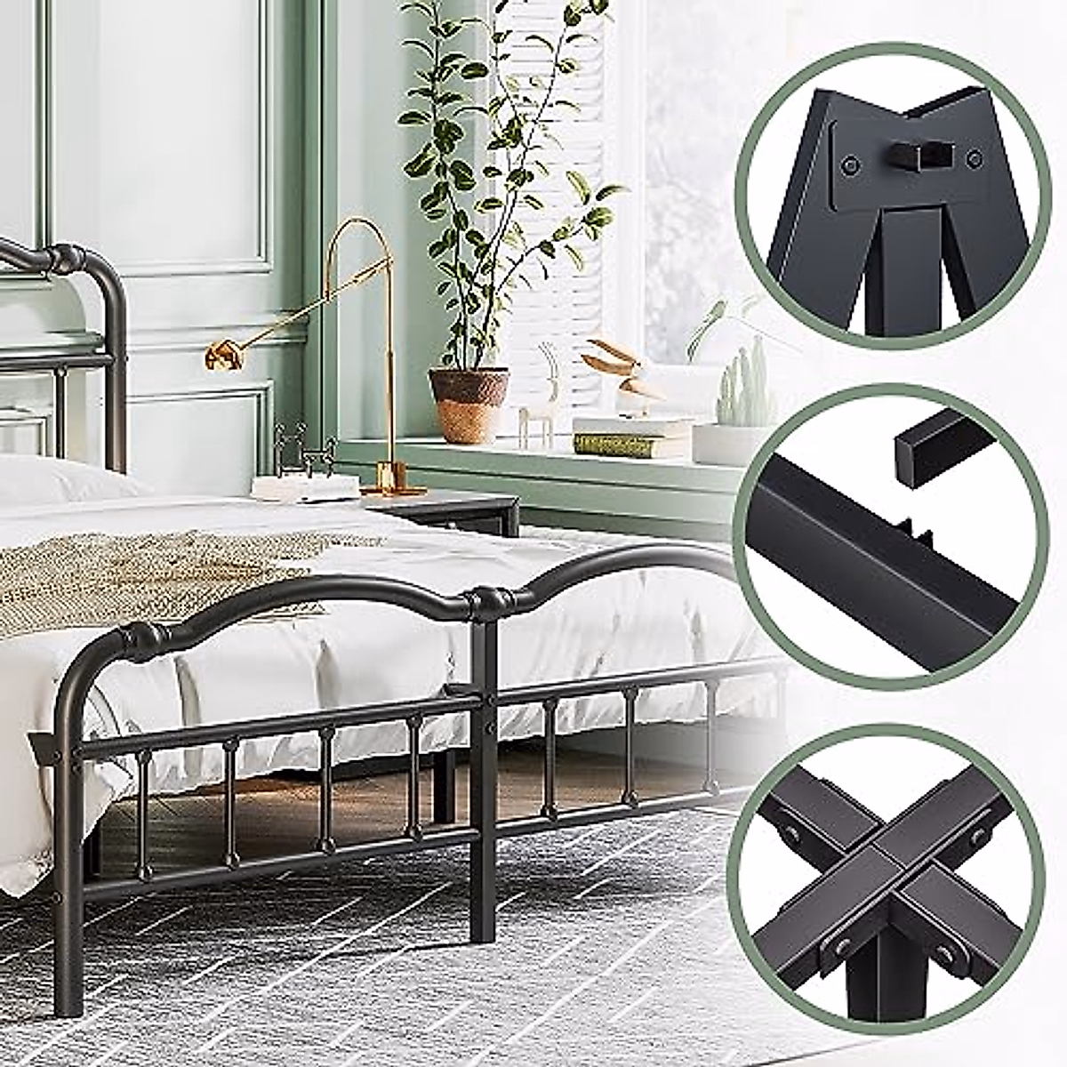 Cleaniago California King Bed Frame with Headboard and Footboard, Vintage Style, Steel Slats, 14 Inch High and 3500 Pounds Weight Capacity, No Box Spring Needed Platform, Easy Assembly—Black