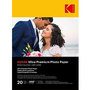 Kodak Ultra Premium photo paper 4 x 6 glossy, (NOT FOR DOCK PRINTERS) 20 count 74 lb - 280 g/m (41150-8777757) Not compatible with Kodak Dock Printers.