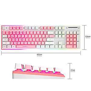MageGee Wireless Gaming Keyboard, Rechargeable RGB LED Backlit Quiet Keyboard with Sidelight & Metal Panel, V510 2.4G Wireless Ergonomic Waterproof Office Keyboard, White and Pink