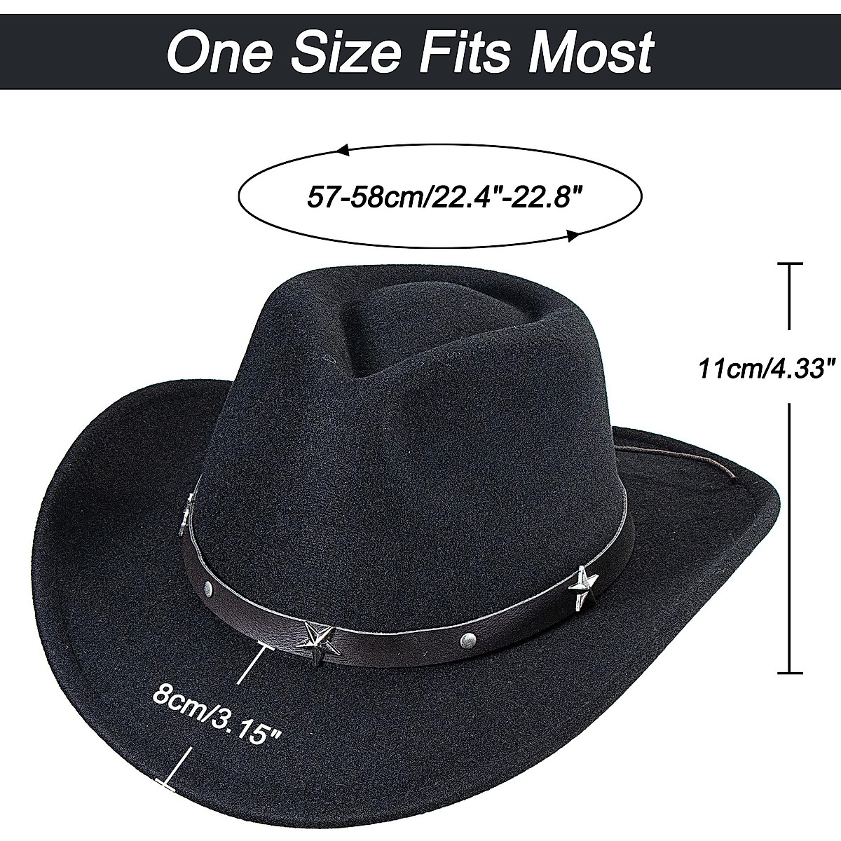 Western Cowboy Hat for Men Women Classic Fedora Hat with Buckle Belt Size:M-L (US, Alpha, Medium, Black)