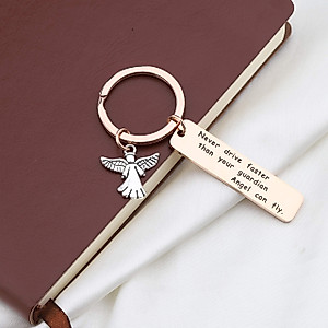 PLITI Never Drive Faster Than Your Guardian Angel Can Fly Keychain Guardian Angel New Driver Driving License Key Chain Father’s Day Gift (ECI Never drive RG)