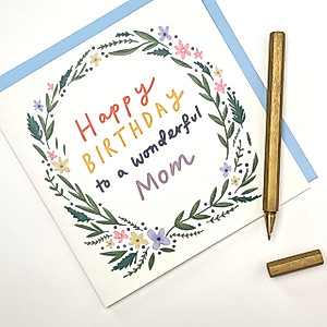 Old English Co. Floral Wreath Happy Birthday Wonderful Mom Card - Birthday Wishes for Her Greeting Card | From Daughter, Son, Children | Blank Inside & Envelope Included