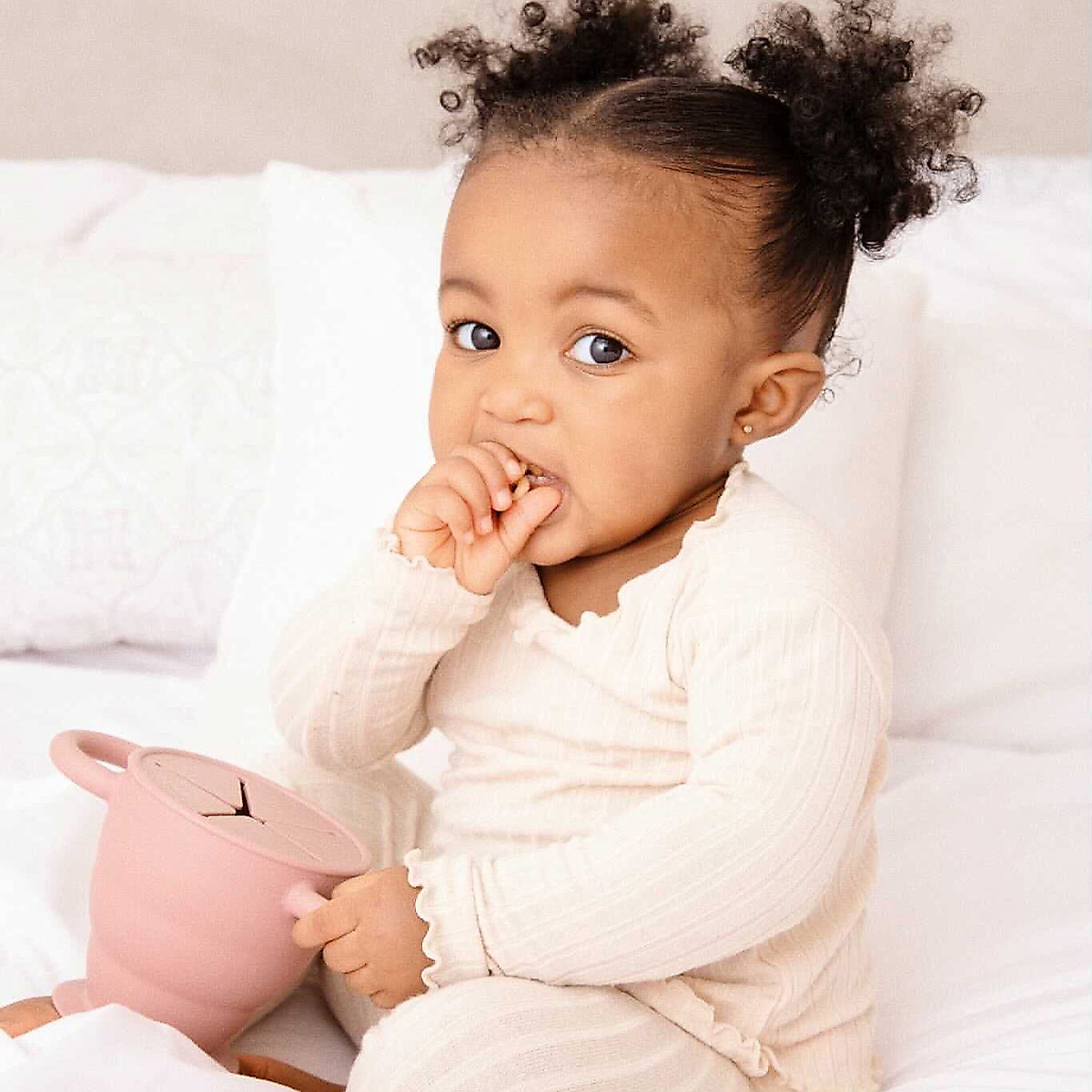 BraveJusticeKidsCo | Snack Attack II Snack Cup | Collapsible Silicone Snack Container | Toddler and Baby Snack Catcher Lid (Dusty Rose)