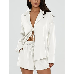 DEEP SELF Silk Pajama Sets for Women, Tie Front Long Sleeve Shirts and Shorts Satin Pj Set Soft Two Piece Sleepwear Lounge Sets (White, Large)