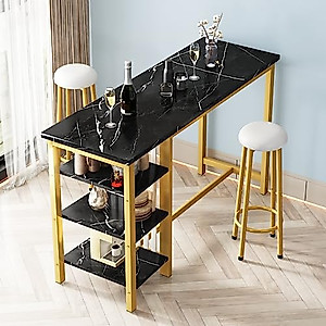 AWQM Home Bar Table Set of 2 with Storage Shelves, 47" Black Faux Marble Dining Set with Upholstered Leather Bar Height Stools, 3-Piece Kitchen Table for 2 People, Space Saving Table (Black & Gold)