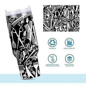 RPLIFE Hairdressing Tools Black 40oz Tumbler with Handle, Stainless Steel Coffee Tumbler, Insulated Water Bottle with Straw