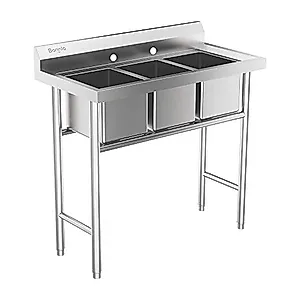 Bonnlo 3-Compartment 304 Stainless Steel Utility Sink Commercial Grade Laundry Tub Culinary Sink for Outdoor Indoor, Garage, Restaurant, Kitchen, Laundry/Utility Room - 39” W x 18” D x 40.2” H