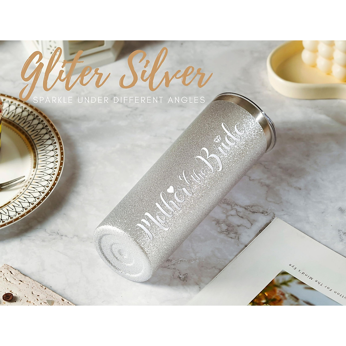 Onebttl Mother of The Bride Gifts, 20oz Stainless Steel Skinny Tumbler with Lid and Straw On Wedding Party for Brides Mom from Brides, Daughters (Gliter Silver)