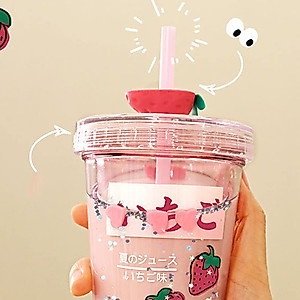 Meideli 15oz Kawaii Water Bottle With Straw Glitter Double Wall Water Bottle With Straw Kawaii Cup Strawberry Water Bottle Kawaii Cups Kawaii Stuff Avocado Gifts Pink