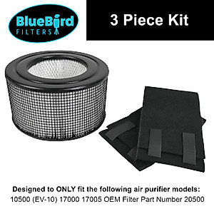 BlueBird Filters Replacement HEPA Filter & Carbon Pre Filter Kit For Honeywell 10500 (EV-10) 17000 17000-S 17005 OEM Part Number 20500 (1 HEPA + 2 Carbon Pre-Filter)