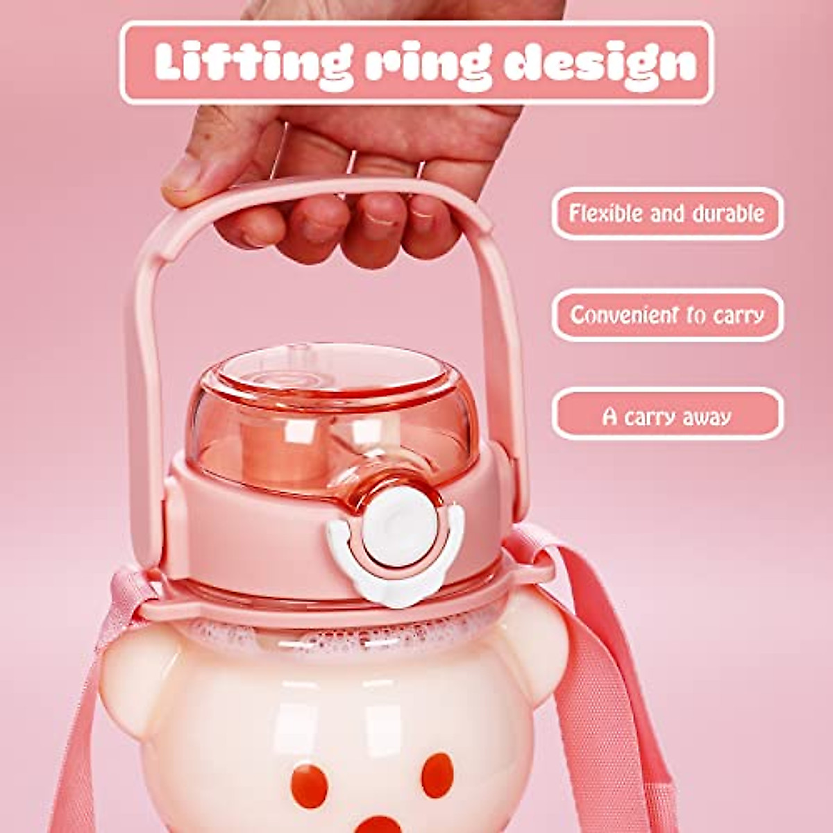 Kawaii Bear Straw Water Bottles Love Large Water Cups Strap for Kids Girls Gifts School Sports Daily Life Milk Tea Juice Travel Drinking Bottled Water Cute Portable Leakproof (Brown)