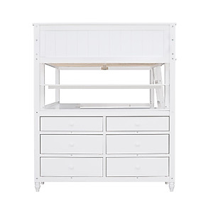 Full Size Loft Bed with Desk and Storage Drawers, Wood Full Loft Bed with Safety Guardrails, Ladder, Headboard and Footboard, High Loft Bed for Kids, Teens, Adults Boys & Girls(Full, White)