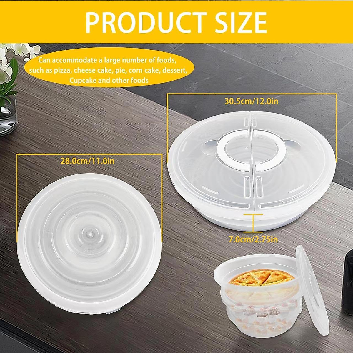 Wensdr 3 Packs 12in Clear Food Storage Container with Lid and Handle Pie Pizza Carrier Container Sets Reusable Two Sided Food Serving Keeper