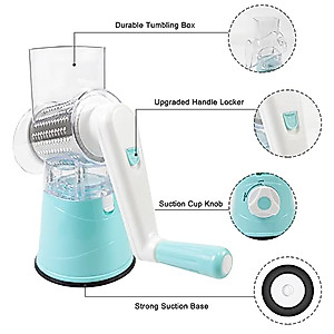 3rd Generation Rotary Cheese Grater, Mandoline Vegetable Slicer with 3 Replacement Blades, Easy to Clean Rotary Shredder for Fruit, Vegetables, Red (Blue)