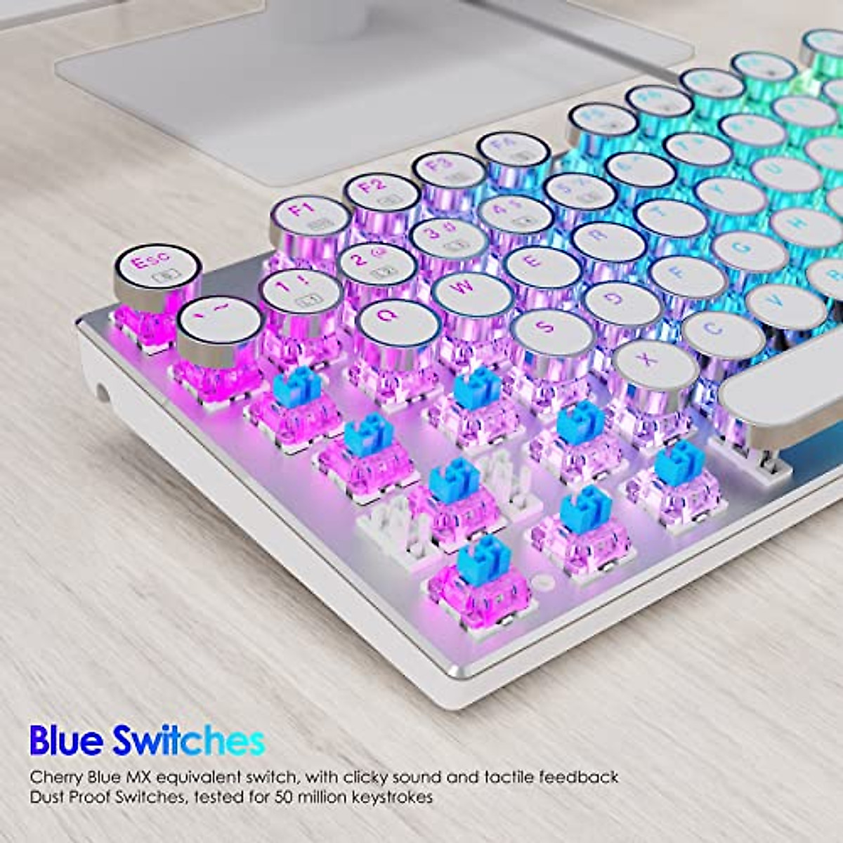HUO JI E-Yooso Z-88 Mechanical Gaming Keyboard Wired Typewriter Style with Programmable RGB Backlit Clicky Blue Switches Retro Round Keycap Metal Panel for Mac/PC, White