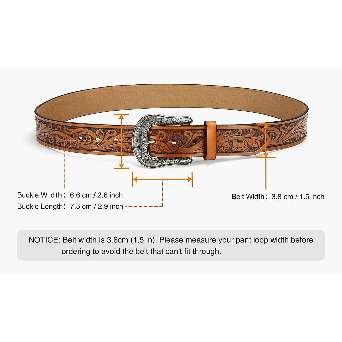 CR Western Belts for Women - 1.5" Leather Cowgirl Belt for Jeans Pant - Country Belts for Women with Big Vintage Buckle