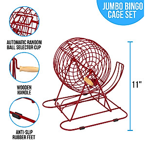 Regal Bingo Professional Bingo Game Set with 11" Wheel Cage, 75 Bingo Balls, Master Board, 18 Bingo Cards & 25 Jumbo Reusable Cards, and Colorful Chips - Bingo Games for Adults Large Group - Red