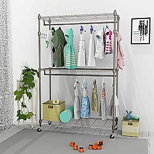 kemanner Heavy Duty Rolling Garment Rack 3-Tiers Wire Shelving W/ Double Rods & Lockable Wheels & 1 Pair Side Hooks - Hold Up to 400Lbs (Gray, 2Rod 2Hook)