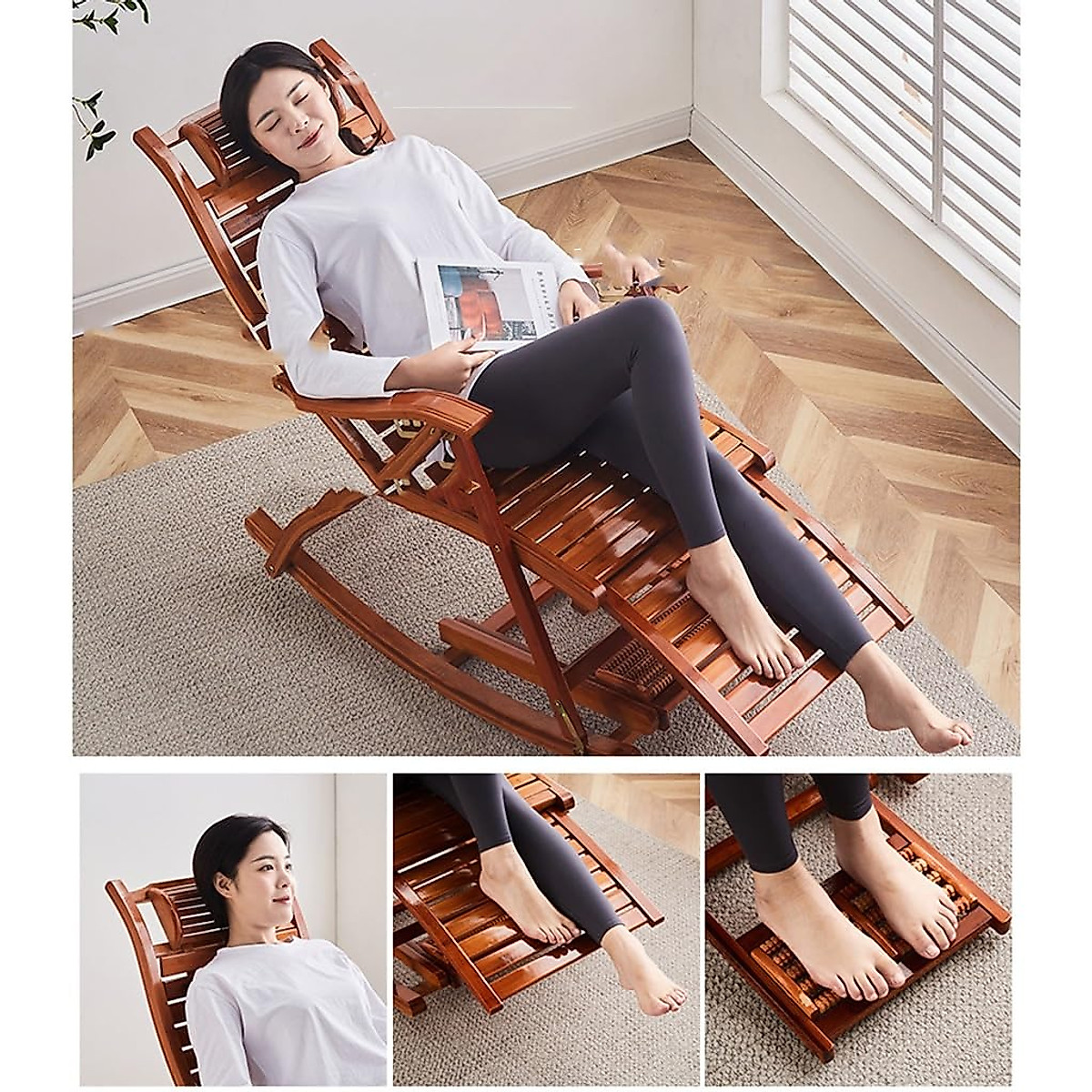 MOOTEK Folding Bamboo Rocking Chair, Old Man Lunch Break Solid Wood Lounge Chair, 5 Adjustable Back Chairs, with Armrest Foot Massage Pillow, Portable Outdoor Beach Terrace Chair