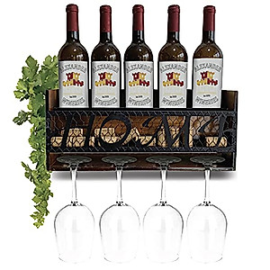 CoTa Global Vintage Brown Wall Mounted Wine Rack - Wooden Wine Bottle Holder for 5 Bottles & 4 Wine Glasses with Cork Storage, Hanging Metal Home Sign & Organizer Wood Shelf for Wine Bar & Home Décor