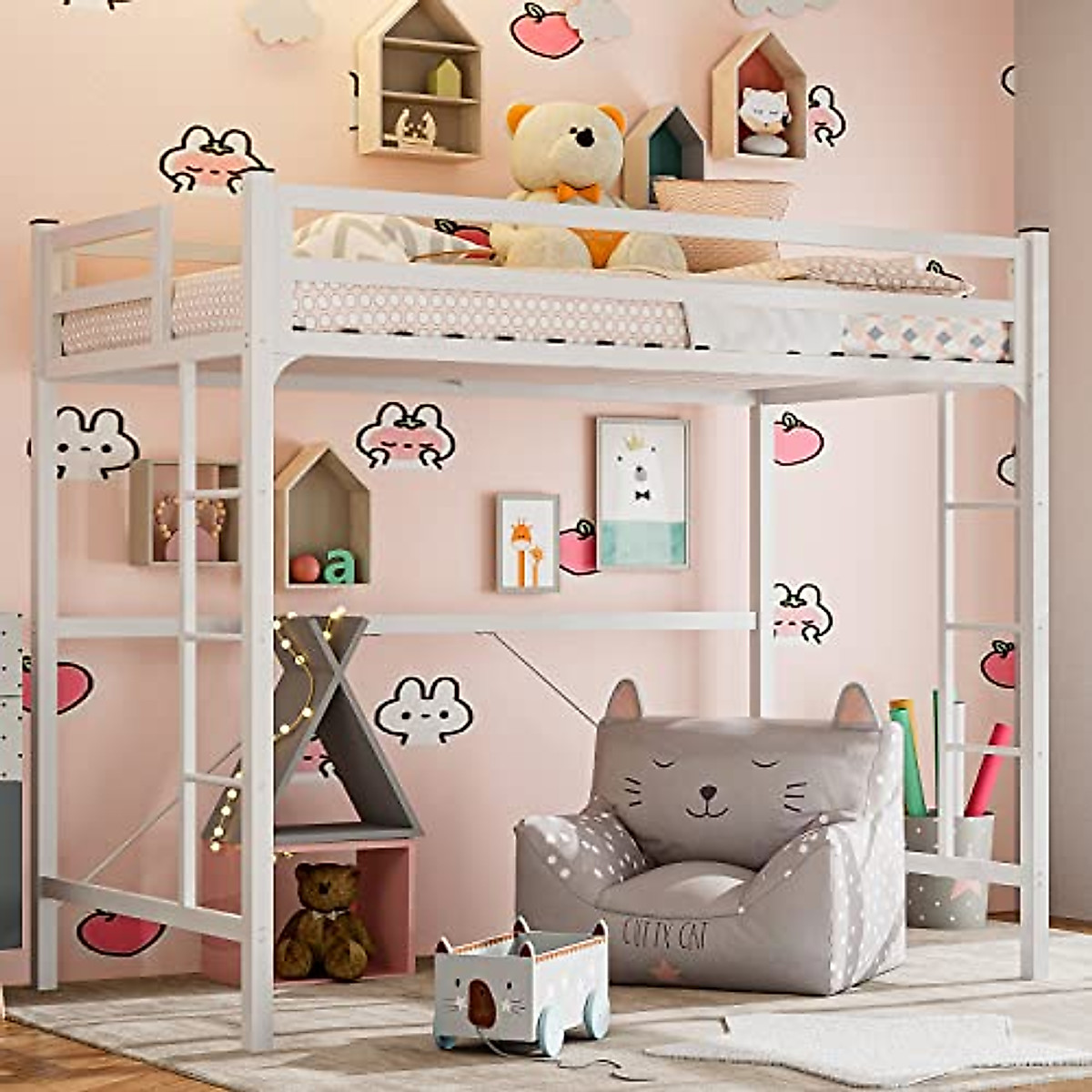 IKIFLY Junior Metal Twin Loft Bed Frame/Two Build-in Ladders & Safety Guard Rail - for Adults/Teens - Easy Assembly, Space-Saving Design - White