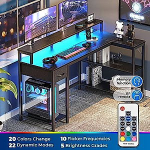 SUPERJARE 53 Inch L Shaped Desk with LED Lights & Power Outlets, Reversible Computer Desk with Shelves & Drawer, Corner Desk Home Office Desk, Black